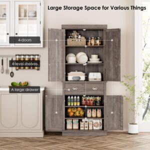 FOTOSOK 72" Kitchen Pantry Storage Cabinets with Drawer, Freestanding Cupboard with 4 Doors, Drawer, 4 Shelves, Utility Pantry Cabinet for Kitchen, Dining Room, Living Room, Ash Grey