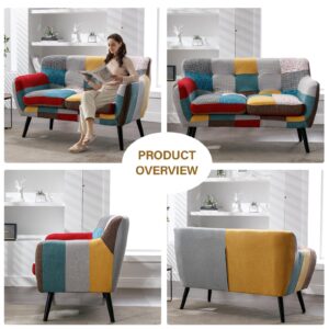 Bonzy Home Modern Boho Loveseat Couch Sofa Chair for Living Room Bedroom, Upholstered Colorful Plaid Fabric 2-Seat Love Seat Sofa with Wood Leg for Small Space, One Loveseat