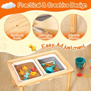 FUNLIO Wooden Sensory Table with 2 Bins for Toddlers 1-5, 3-Level Height Adjustable Kids Sensory Table with Anti-Warping Plywood Lid, Indoor/Outdoor Play Sand and Water Table, CPC Certified