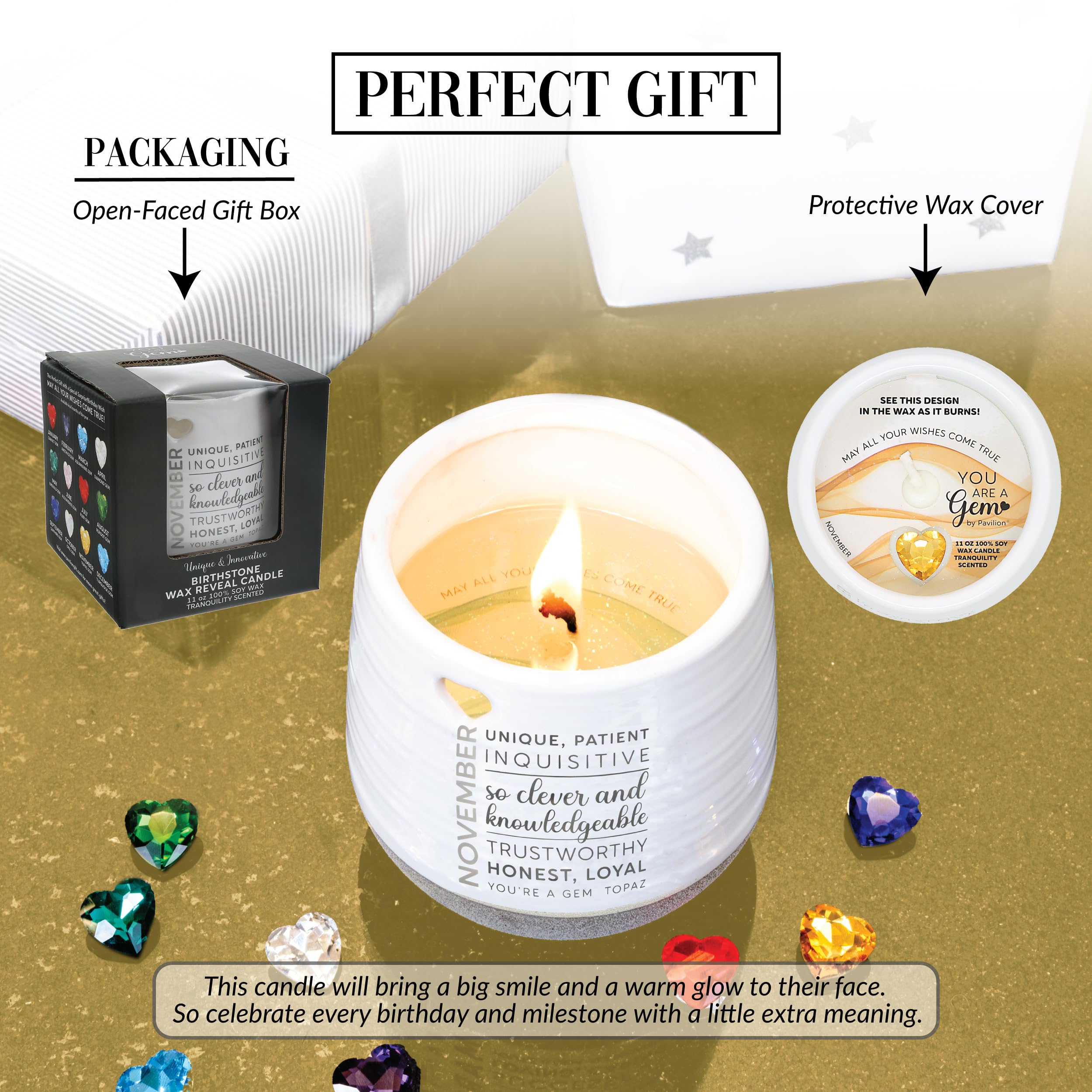 Pavilion GIft Company - November 11 oz Wax Reveal Candle, Natural Soy Wax Birthstone Candle, Jasmine Scented, Gemstone Candle with Crystal Inside, Birthday Gifts for Women, 1 Count