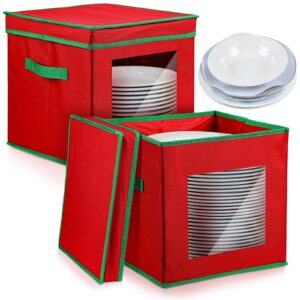 abbylike 2 set christmas dish storage containers with 24 felt dividers plate storage containers with lid and handles glassware storage mug storage hold 24 plates, 12.6" x 12.6"