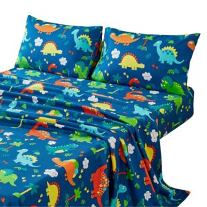 winlife dinosaur sheet set twin for boys 3 piece - soft cozy microfiber twin size kids sheets - cartoon dino sheets for twin bed - deep pocket 16 inches teen bed sheets for children, navy