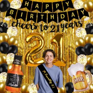 21st Birthday Decorations for Him, Happy Birthday Decorations Black and Gold 21 Birthday Decorations with Happy Birthday Banner, Fringe Curtain, Confetti and Latex Balloons