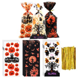 150 pieces 3 designs halloween candy bags treat bags with twist ties, pumpkin witches happy halloween clear cellophane goodie snack bags for kids boys girls trick or treat party favor decorations