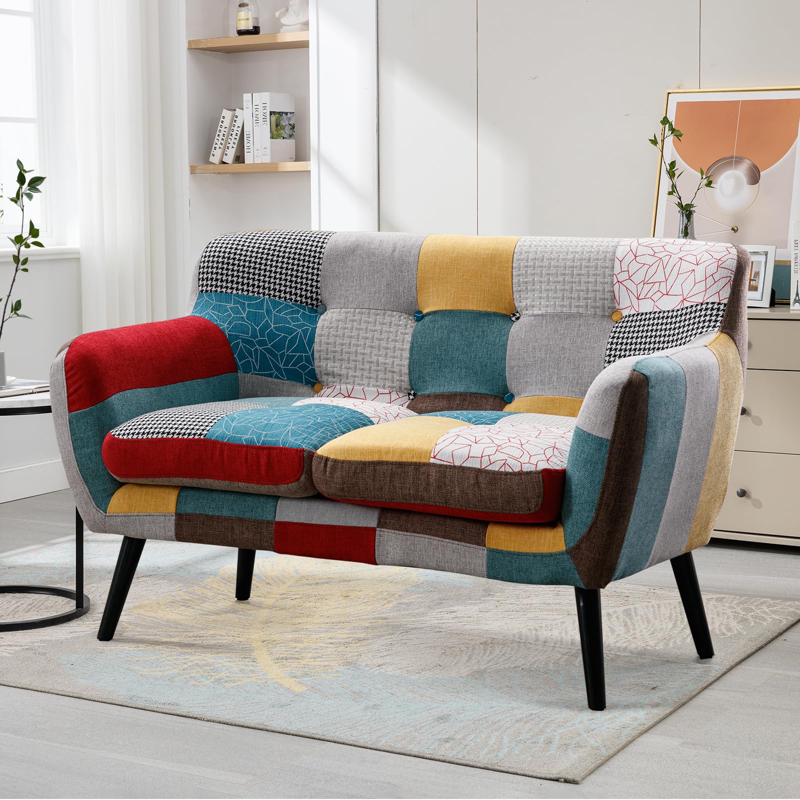 Bonzy Home Modern Boho Loveseat Couch Sofa Chair for Living Room Bedroom, Upholstered Colorful Plaid Fabric 2-Seat Love Seat Sofa with Wood Leg for Small Space, One Loveseat