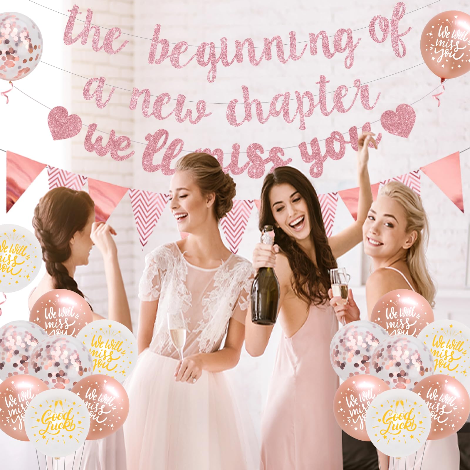 Farewell Party Decorations The Beginning of A New Chapter Going Away We Will Miss You Theme Balloons Banner, Rose Gold Retirement Graduation Party Supplies for Women Girls