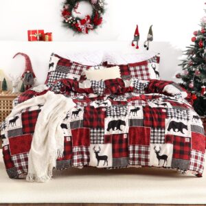 starbedia christmas duvet cover king, soft brushed microfiber comforter cover sets, reindeer printed holiday theme bedroom decorative bedding (king size, christmas plaid deer)