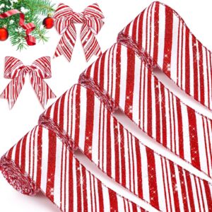 kosiz 4 rolls 40 yards christmas wired edge ribbons 2.5 inch red and white stripes ribbon candy cane glitter ribbons gift wrapping ribbon diy craft ribbons for xmas tree birthday party decorations