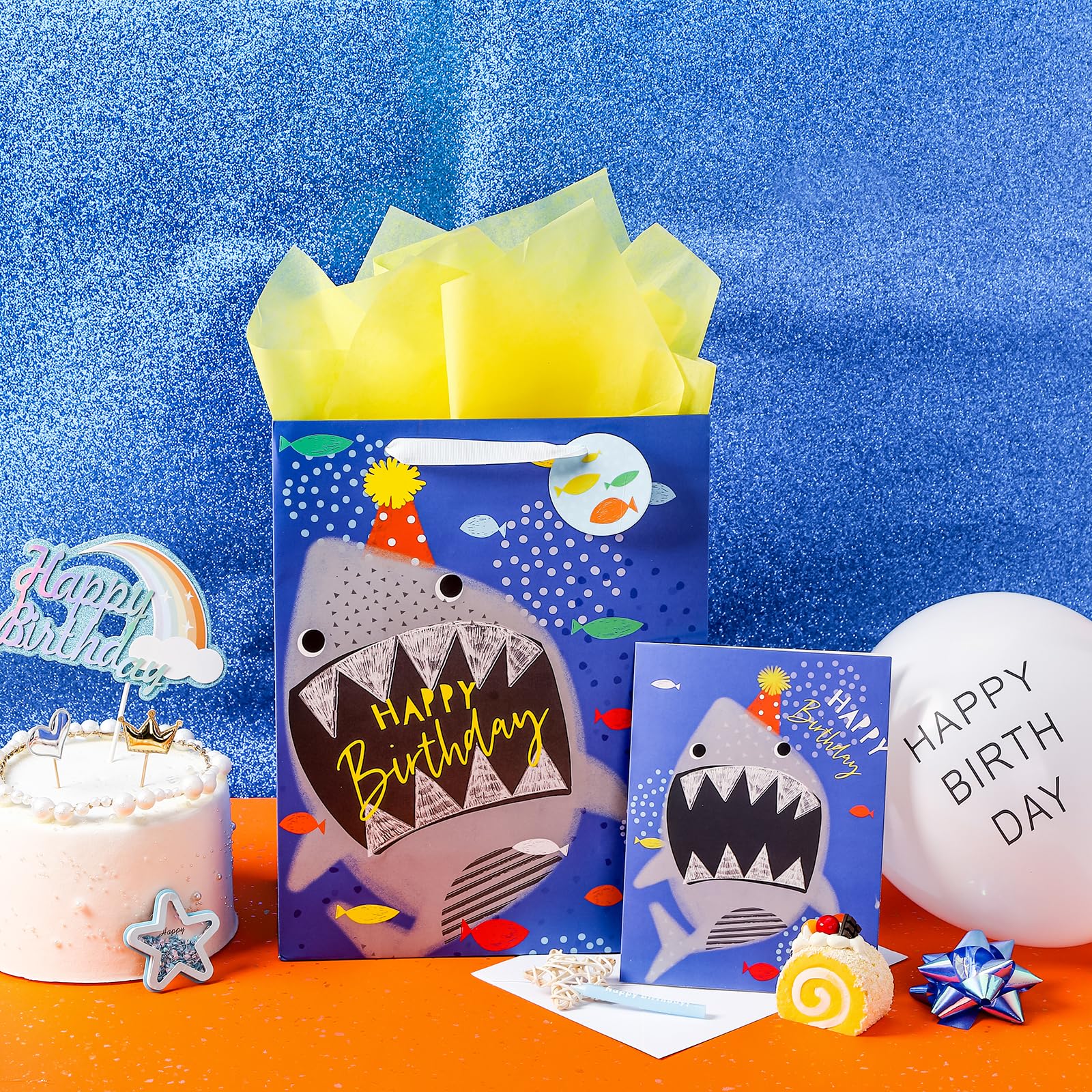 LeZakaa 13" Birthday Gift Bag, Medium Blue Gift Bag with Tissue Paper, Gift Tag and Card - Shark with Word Happy Birthday Design for Boy, Girl, Kids