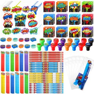 cholemy 168 pcs hero party favor set include hero birthday mini notebook hero theme sticker pencil stamper ruler eraser for hero themed celebration gifts classroom rewards favor party supplies