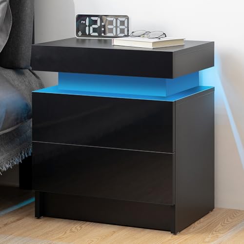 HOMMPA LED Nightstand Black Nightstand with Led Lights Modern Night Stand with 2 High Gloss Drawers Led Bedside Table Smart Nightstand for Bedroom 20.5” Tall