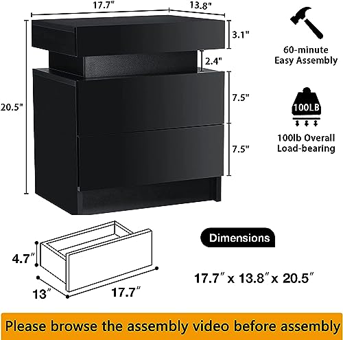 HOMMPA LED Nightstand Black Nightstand with Led Lights Modern Night Stand with 2 High Gloss Drawers Led Bedside Table Smart Nightstand for Bedroom 20.5” Tall