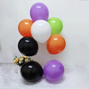 Halloween Balloons w/Ribbon 100 Pack 12 Inch Black Orange White Purple Green Balloons for Halloween Decorations