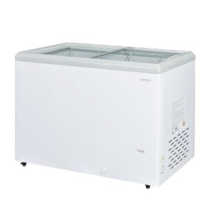 NAFCOOL 12.4 Cu.Ft Commercial Chest Freezer with LED Light,Temp Rang -8°F and 0°F,Glass Top Display Chest Freezer with 6 Removable Wire Baskets,Sliding Lids, Lock,Caster Wheels, White