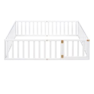 Harper & Bright Designs Full Size Floor Bed with Rails,Montessori Floor Bed Wood Frame with Fence and Door, for Kids Girls Boys (White)