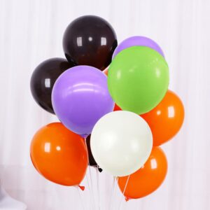 Halloween Balloons w/Ribbon 100 Pack 12 Inch Black Orange White Purple Green Balloons for Halloween Decorations