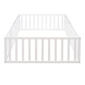 Harper & Bright Designs Full Size Floor Bed with Rails,Montessori Floor Bed Wood Frame with Fence and Door, for Kids Girls Boys (White)