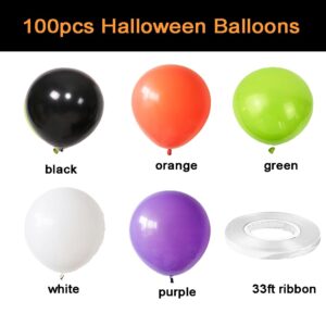 Halloween Balloons w/Ribbon 100 Pack 12 Inch Black Orange White Purple Green Balloons for Halloween Decorations