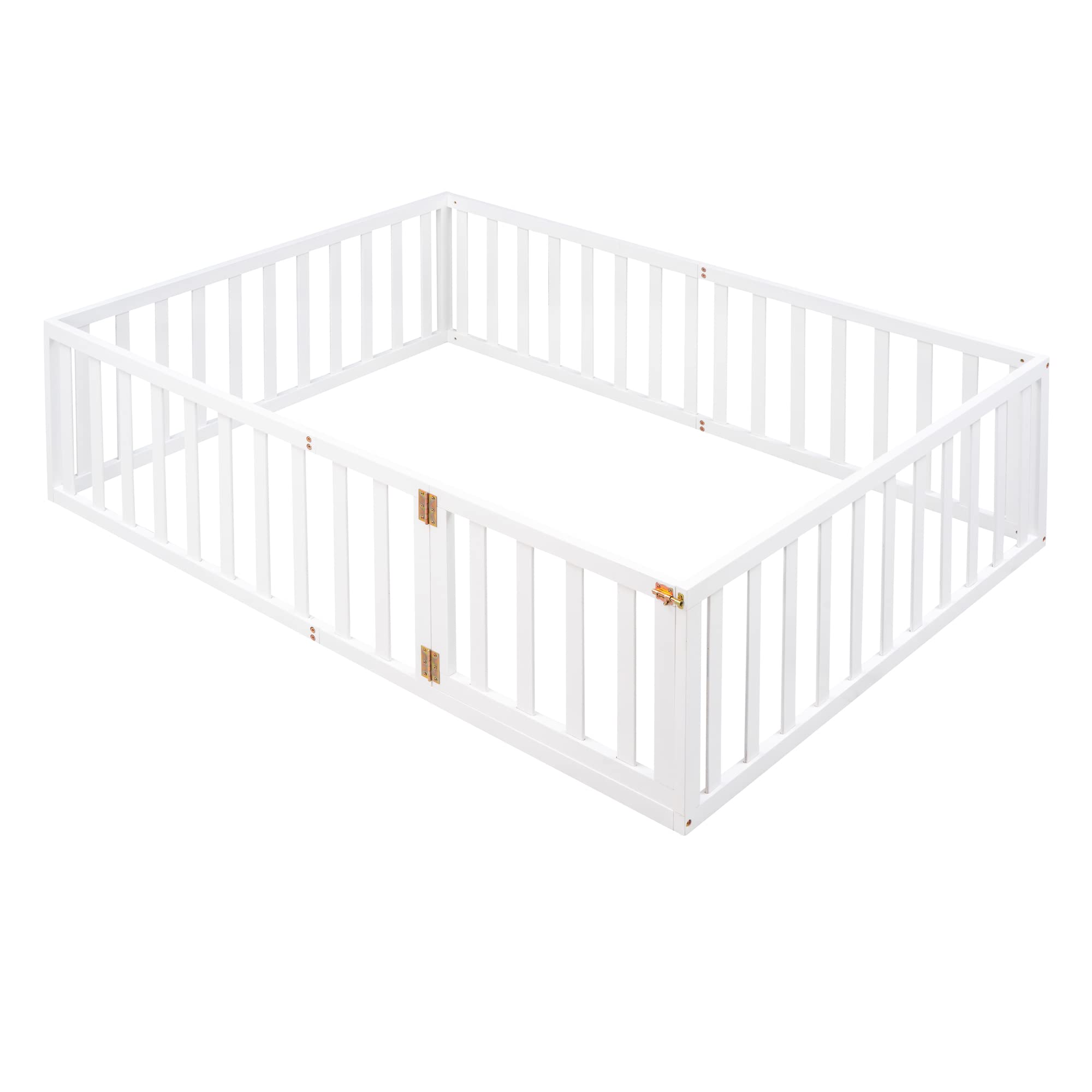 Harper & Bright Designs Full Size Floor Bed with Rails,Montessori Floor Bed Wood Frame with Fence and Door, for Kids Girls Boys (White)