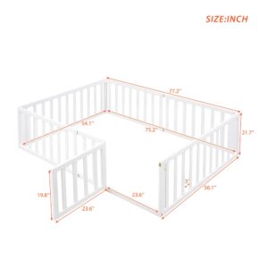 Harper & Bright Designs Full Size Floor Bed with Rails,Montessori Floor Bed Wood Frame with Fence and Door, for Kids Girls Boys (White)