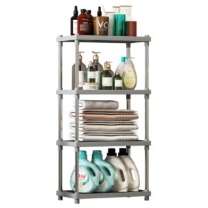 leaijiafy 4 tier gray plastic and metal standing shelf units, durable storage shelves rack open shelving for pantry kitchen bathroom,13mm steel tubes