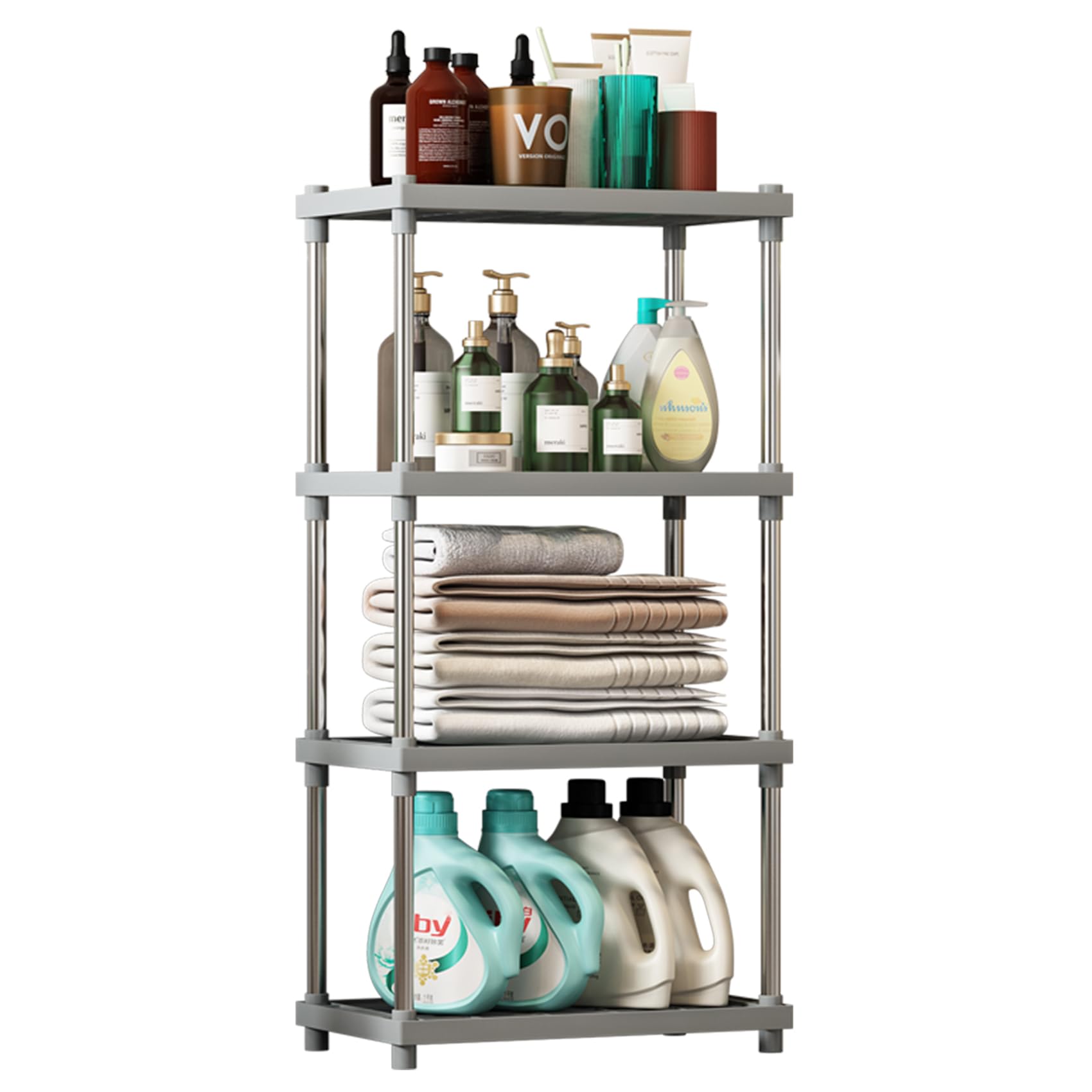 LEAIJIAFY 4 Tier Gray Plastic and Metal Standing Shelf Units, Durable Storage Shelves Rack Open Shelving for Pantry Kitchen Bathroom,13MM Steel Tubes