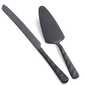 fullyware black cake cutting set, stainless steel cake knife and server set, cake pie cutter set for wedding, birthday, party