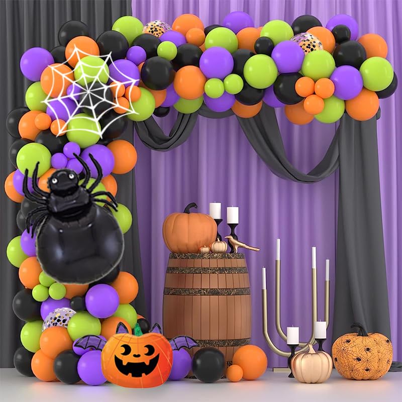 Halloween Latex Balloon Garland Arch Kit-Orange Purple Black Green Confetti balloons with Pumpkin Foil Balloon,Bat foil balloon,Spider web for Halloween party