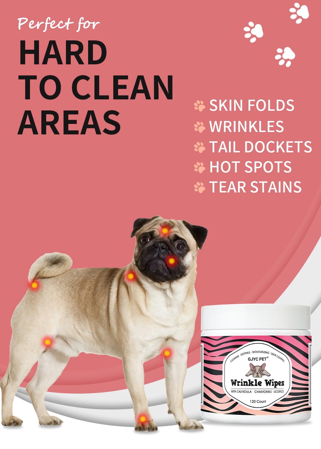 Natural Wrinkle Wipes for Dogs, 120 Count, Hypoallergenic Dog Wipes, Wrinkle Wipes French Bulldog, Cleaning & Deodorizing, Dog Wipes for Grooming Faces, Paws & Butts