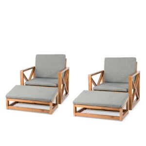 FURNDOOR 2-Piece Wood Patio Chair and Ottoman Set with Cushions Outdoor Patio Furniture Set Outdoor Chairs with Ottomans Set of 2 for Backyard, Porch, and Poolside (2 Sofa+2 Ottoman)