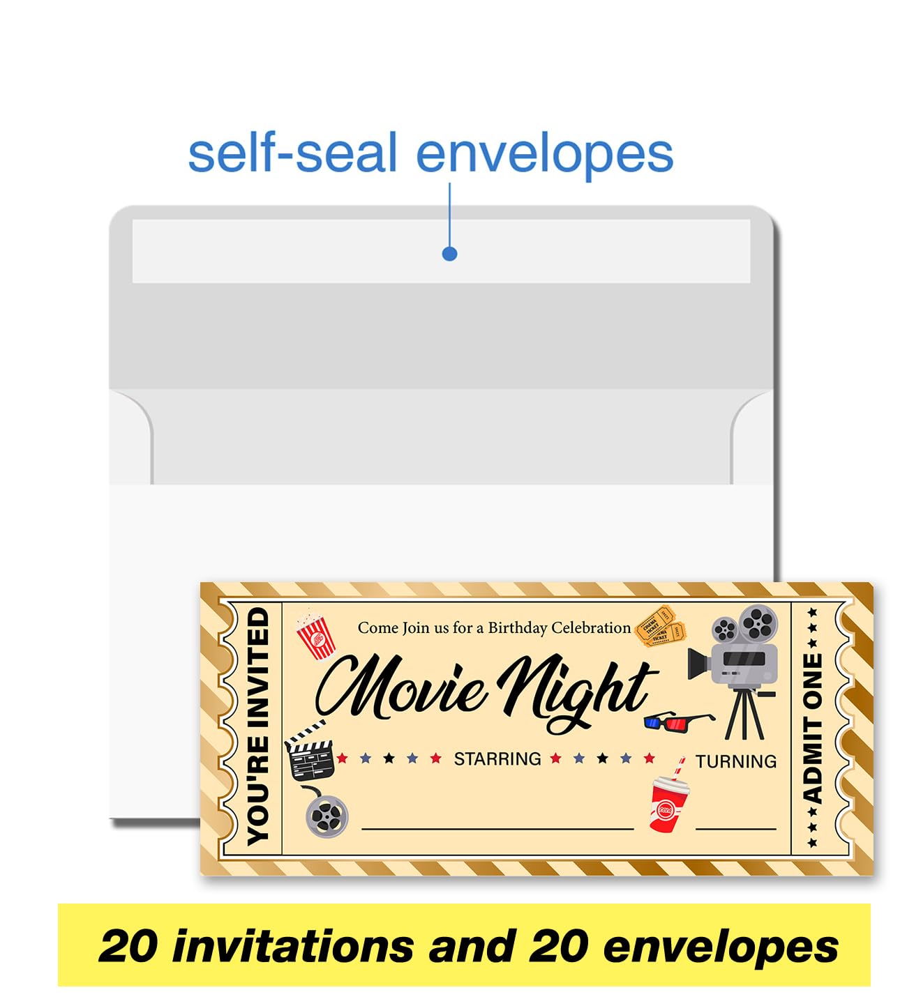 VAHATAN Movie Birthday Party Invitations 20 Pack Movie Ticket Invitations with Envelopes Invites Cards for Birthday Party