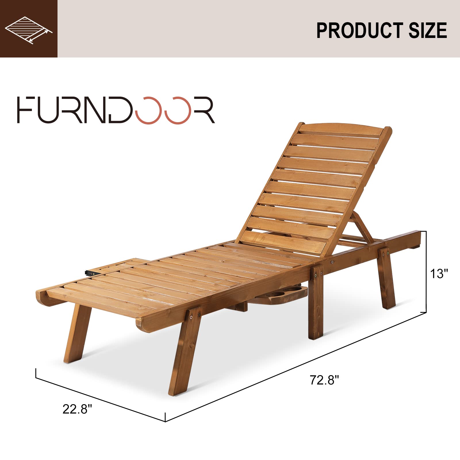 FURNDOOR 2 PCS Wood Lounge Chair Set - Patio Chaise Lounges with Side Tray and Cup Holder, Outdoor Recliner Chair with Adjustable Backrest for Backyard,Garden,Poolside