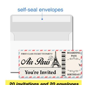 VAHATAN Paris Birthday Party Invitations 20 Pack Air Paris Ticket Invitations with Envelopes Invites Cards for Birthday Party