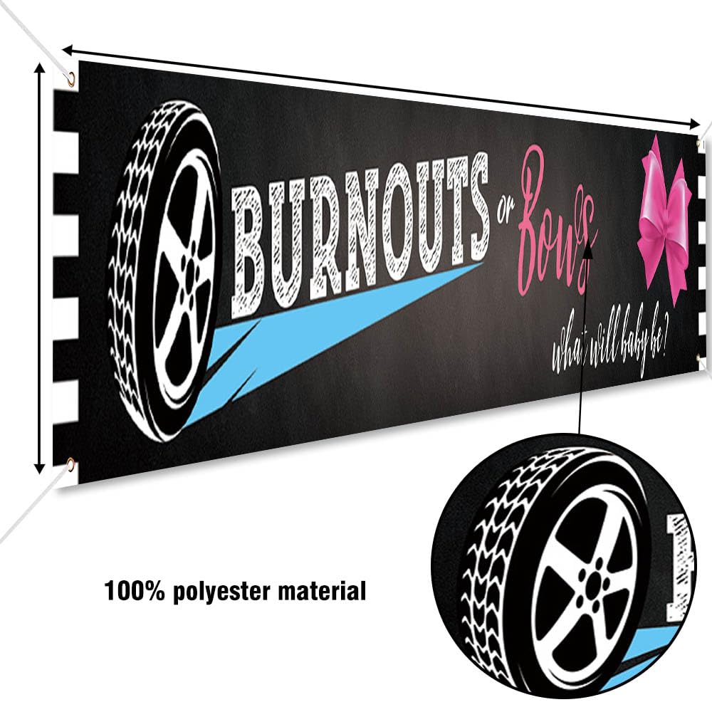 DOTOOMA 118 x 20 Inches Burnouts Or Bows Gender Reveal Banner Yard Sign Decoration Pink Bowknot Or Tyre Theme Party Polyester Supplies What Will Baby Shower Indoor Outdoor