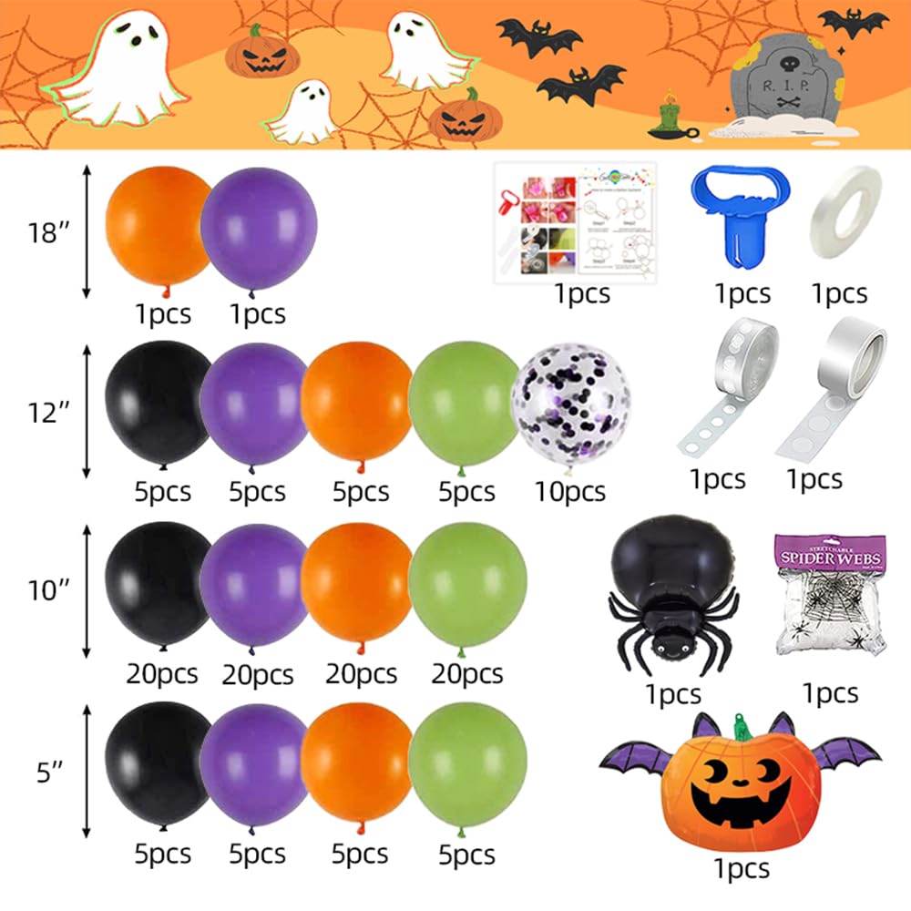 Halloween Latex Balloon Garland Arch Kit-Orange Purple Black Green Confetti balloons with Pumpkin Foil Balloon,Bat foil balloon,Spider web for Halloween party