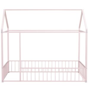 HAUSHECK Montessori Bed for Toddlers, Twin Size, Metal House Bed Frame with Full-Length Guardrails, Montessori Floor Beds with Rails & Roof Fun Playhouse for Kids Girls & Boys, No Box Spring Needed