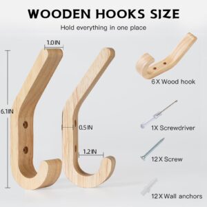 CRSWHA Wooden Coat Hooks for Wall,6 Pack Wall Mounted Natural Wood Hooks,Modern Decorative Oak Wall Pegs for Mudroom,Heavy Duty Hat Hanger Hooks for Hanging Coats, Backpack,Towels,Purse