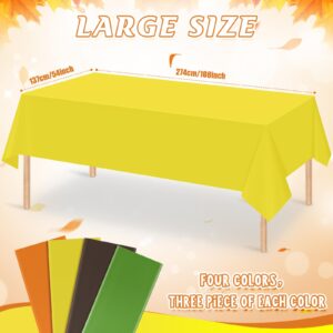 12Pcs Plastic Fall Tablecloth Yellow Orange Green Coffee Rectangle Tablecloths Disposable Table Covers for Autumn Harvest Thanksgiving Day Family Birthday Baby Shower Party Decoration, 54x108inch