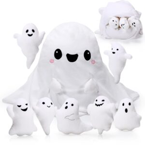 liliful 16 inch ghost plush toy sets adorable ghost stuffed animal mommy pillow with 7 cute plush babies soft funny white ghost plushies gift for christmas boys girls birthday holiday(smile)