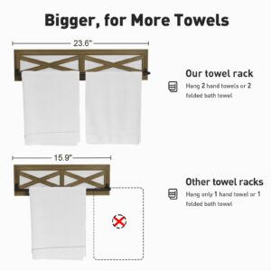 Extra Long Rustic Towel Rack 2 PCS, 23.6 Inch Monterey Pine Solid Wood Towel Holders Wall Mounted with Metal Bar, Brown Farmhouse Style, for Hand & Bath Towels, Bathroom Powder Room Decor