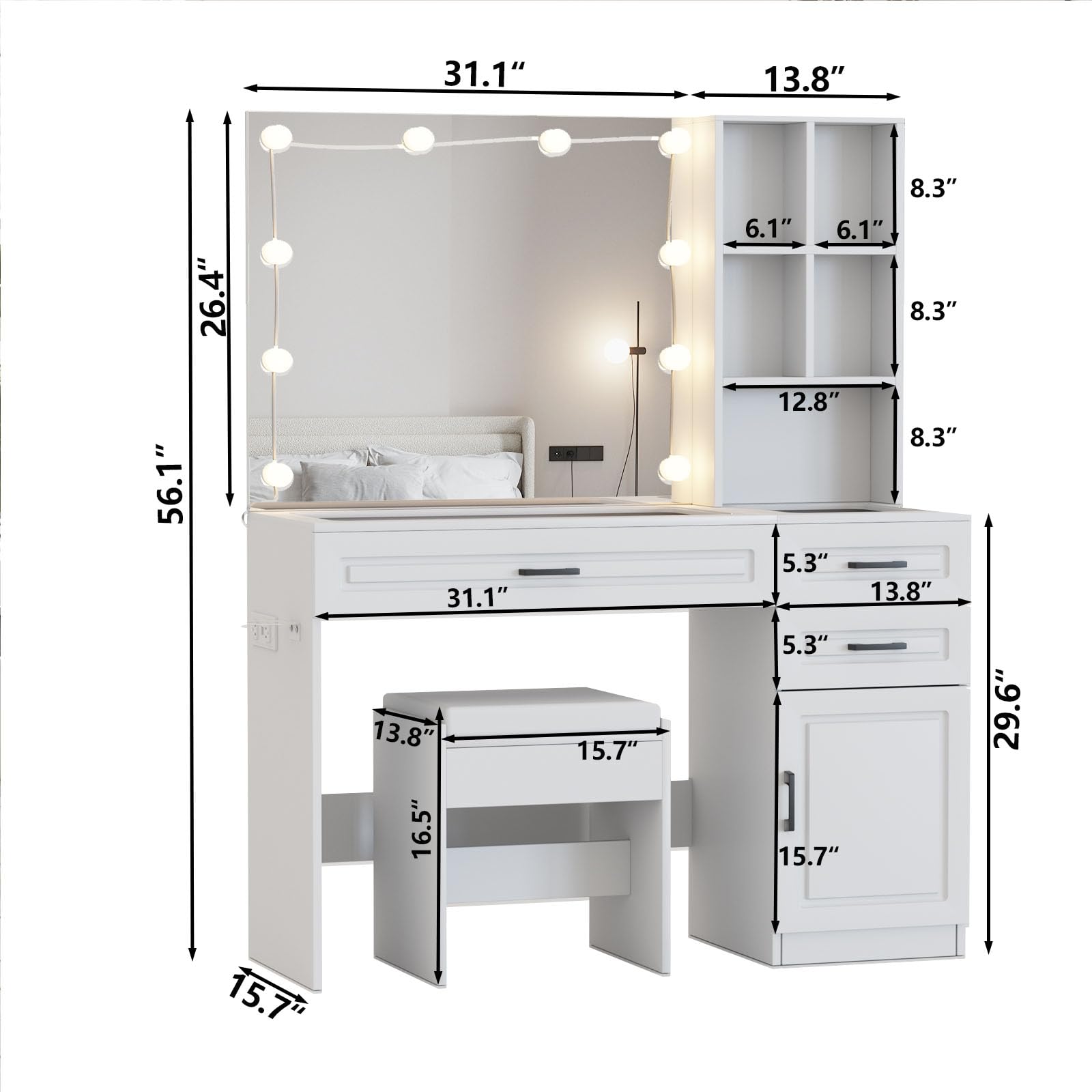 Fameill Vanity Desk with Lighted Mirror & Power Strip,Large Vanity Table with Glass top and Lots Storage,3 Drawer Makeup Desk with Hair Dryer Stand,3 Lighting Modes,White