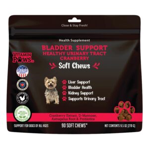 vitamin paws cranberry supplement for dogs | urinary tract and uti support chews | incontinence and bladder control nutritional bites with d mannose, marshmallow root, probiotics, for liver, kidney