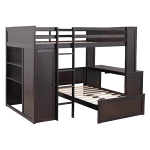 Full Over Twin Bunk Bed with Desk, Wood Full Size Loft Bed with Storage Shelves, Wardrobe and A Twin Platform Bed Frame for Kids Boys Girls Teens, Espresso