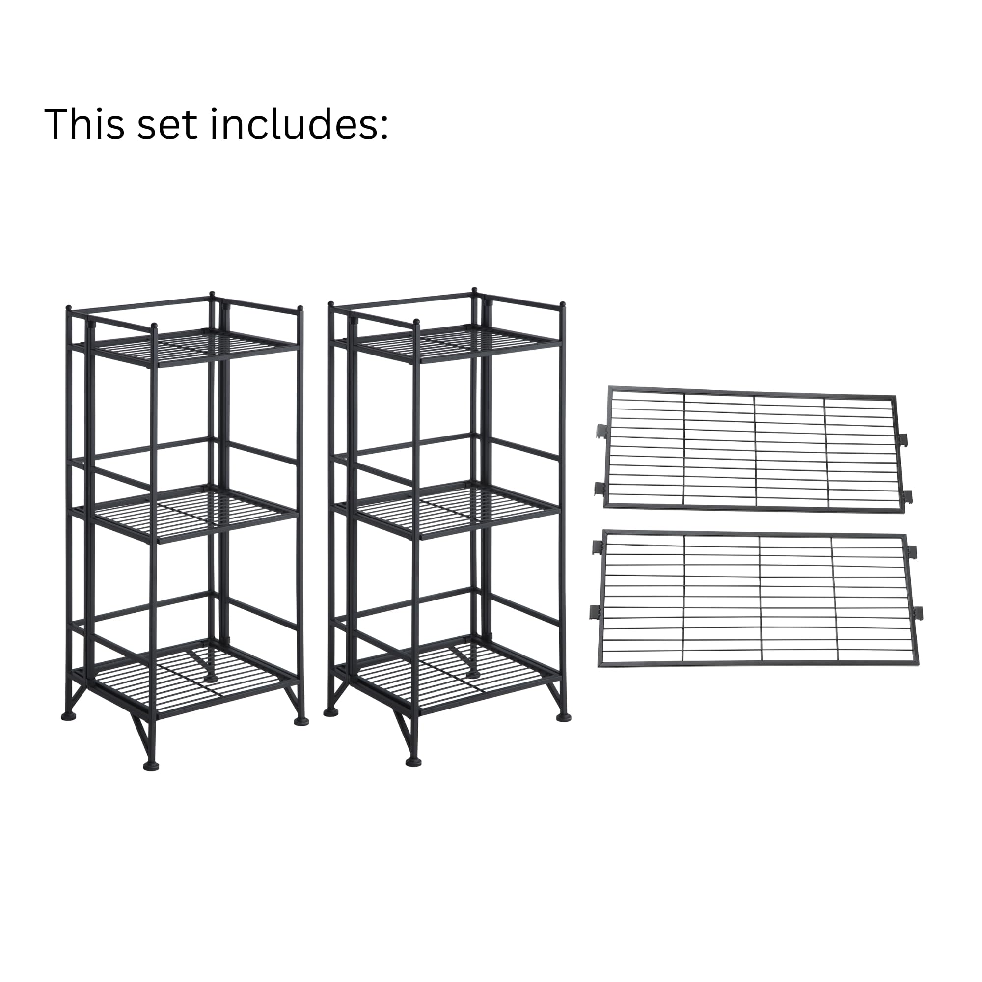 Convenience Concepts Xtra Storage 3 Tier Folding Metal Shelves with Set of 2 Extension Shelves - Organizer for Living Room, Office, Bedroom, Garage, Kitchen, Bathroom, Black