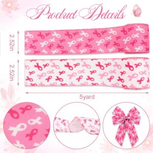 Hying 2 Rolls Breast Cancer Awareness Ribbons for Wreath Bows Wrapping Gifts, White Pink Ribbon for Gift Wrapping Breast Cancer Awareness Party Decoration DIY Crafts 2.5" X 10 Yards Wired Edge Ribbon