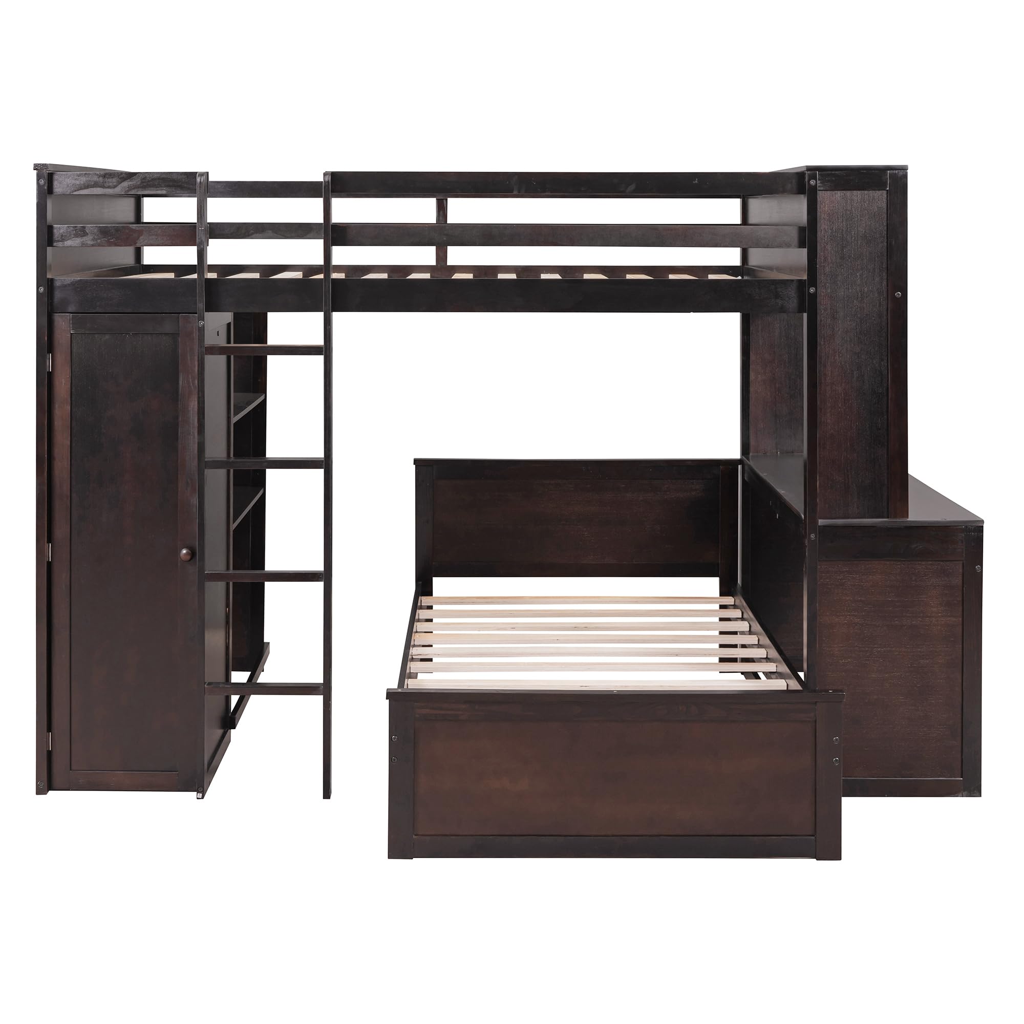 Full Over Twin Bunk Bed with Desk, Wood Full Size Loft Bed with Storage Shelves, Wardrobe and A Twin Platform Bed Frame for Kids Boys Girls Teens, Espresso