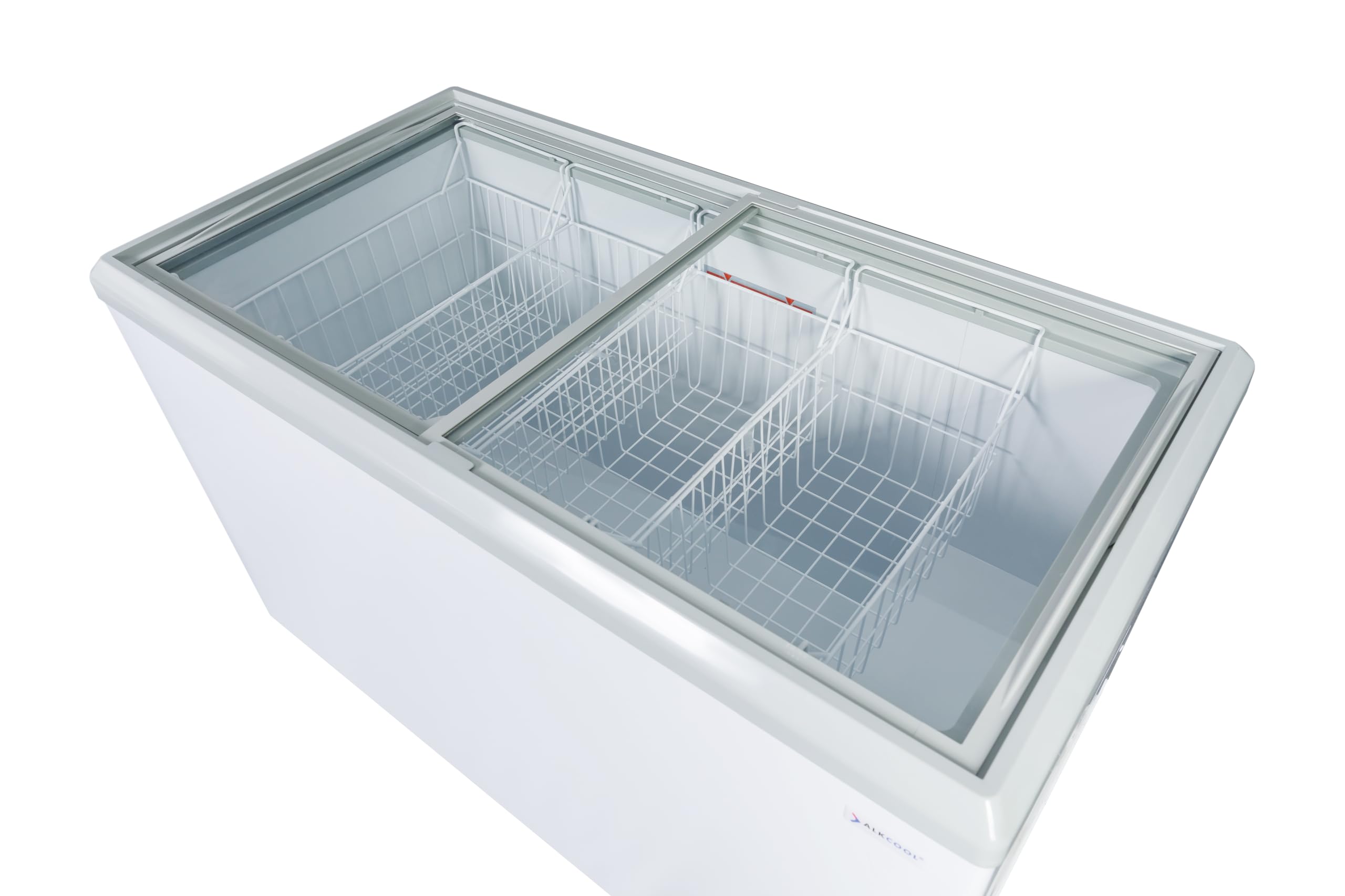 NAFCOOL 20 Cu.Ft Commercial Chest Freezer with LED Light,Temp Rang -8°F and 0°F,Glass Top Display Chest Freezer with 6 Removable Wire Baskets,Sliding Lids, Lock,Caster Wheels, White