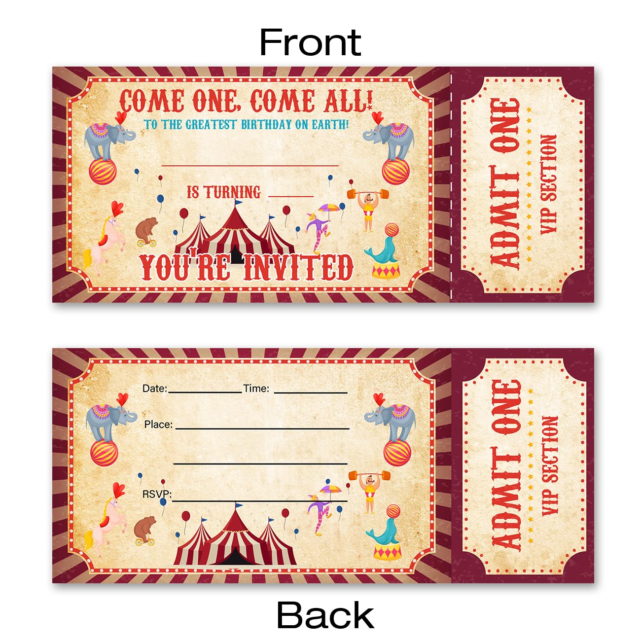 VAHATAN Carnival Birthday Party Invitations 20 Pack Come One Come All Circus Carnival Ticket Invitations with Envelopes Invites Cards for Birthday Party