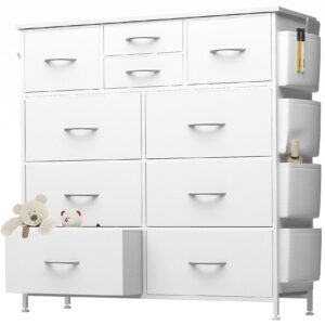 yafiti 10 drawer dresser, chest of drawers for bedroom, pu dresser with side pockets, hooks, wooden top and sturdy metal frame for living room, closet, hallway (white)