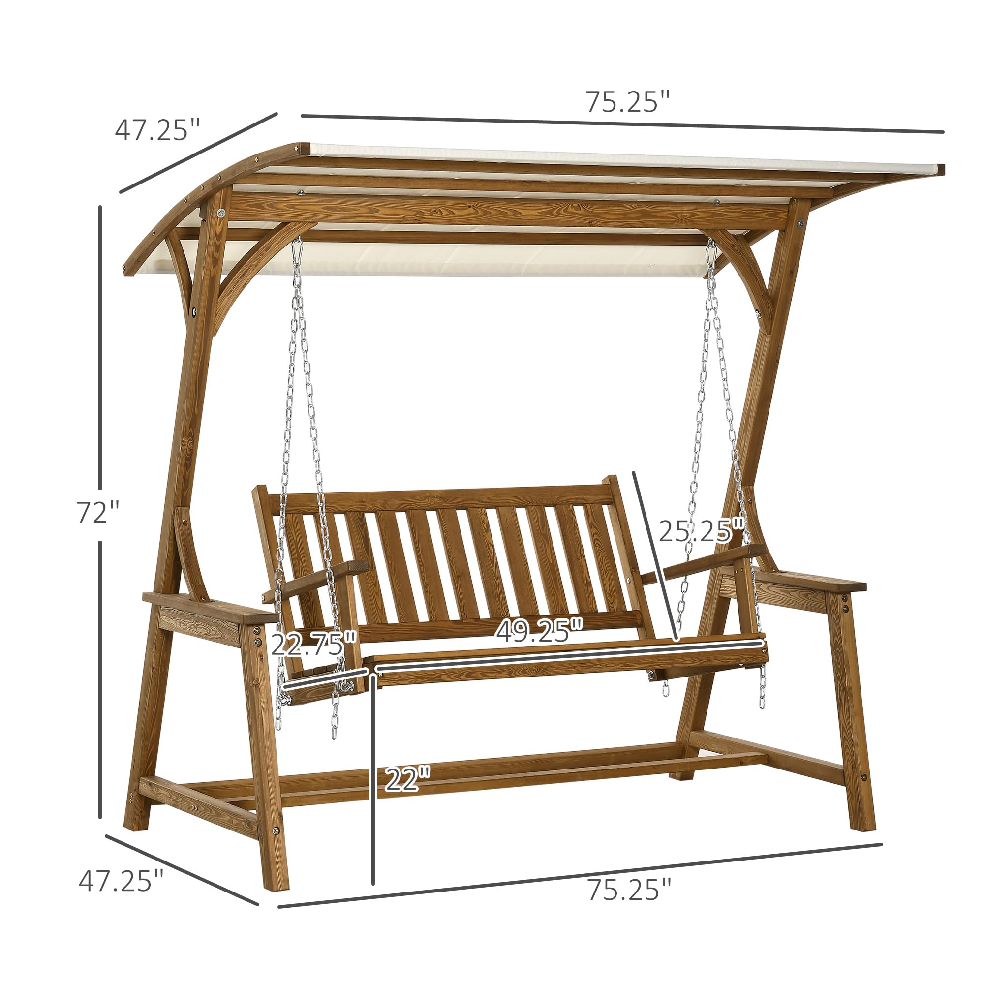 Outsunny 2 Seater Outdoor Swing Loveseat with Canopy and Hanging Chains, Patio Swing Chair, Wooden Porch Swing Glider, for Garden, Poolside, Backyard